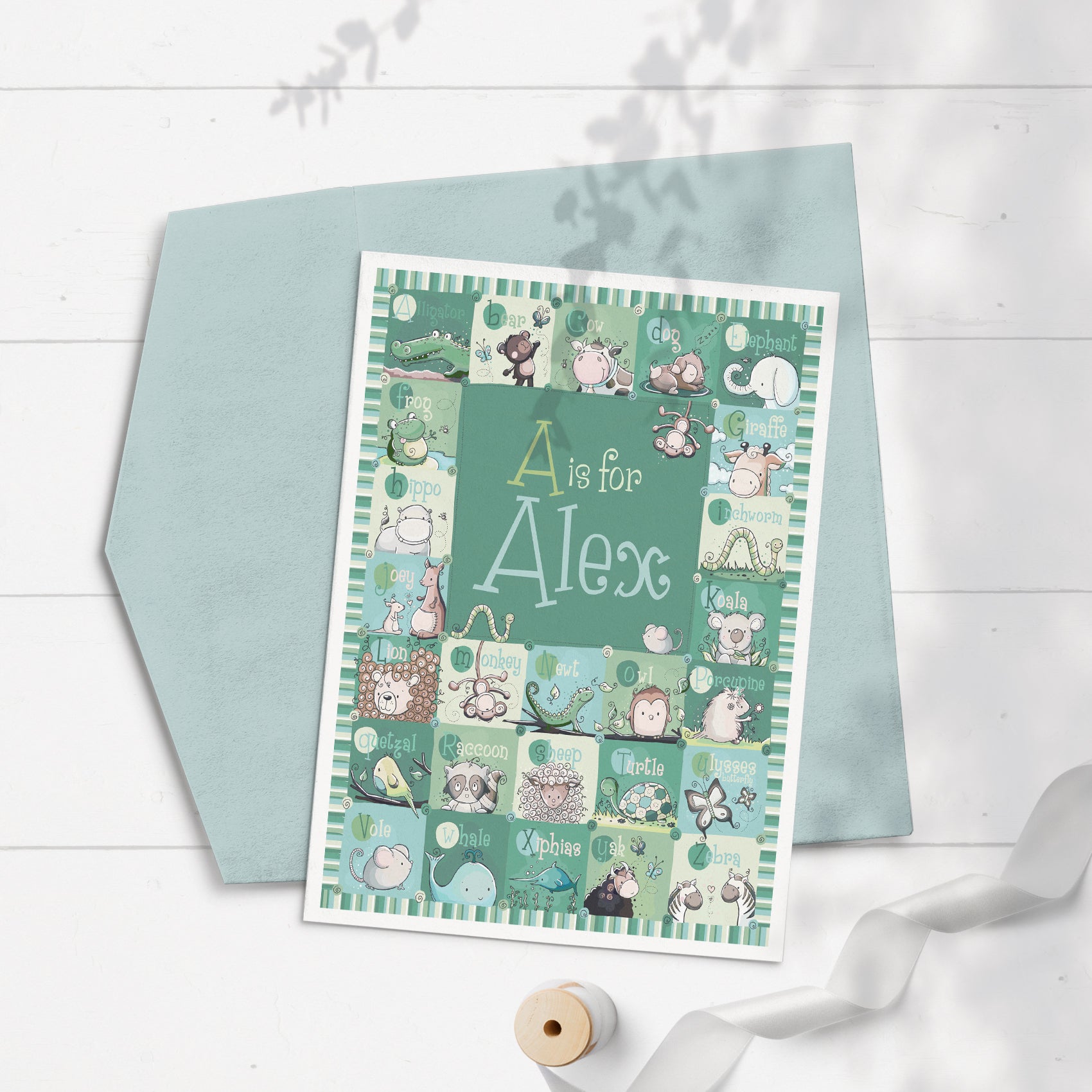 'Personalized Green Alphabet' 5x7 Greeting Card – Rachelle Anne Miller ...