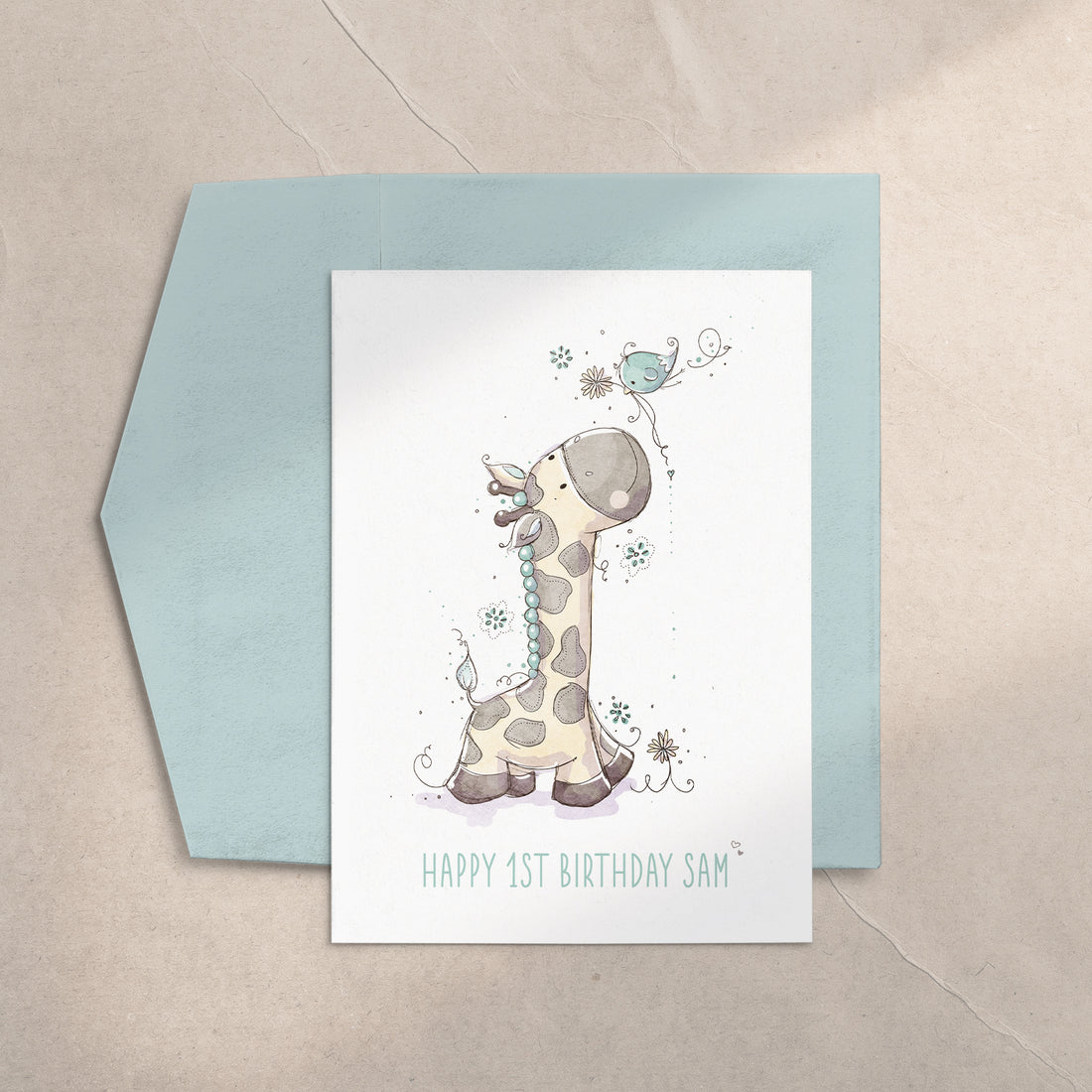 Giraffe & Bird Blue 5x7 Greeting Card – Rachelle Anne Miller Creative ...